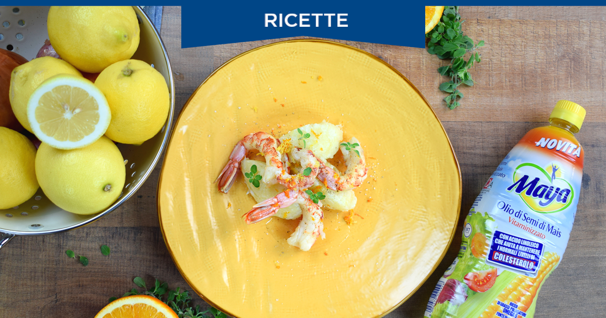 Gamberoni agli agrumi, con schiacciata di patate e cavolfiori | Olio Maya